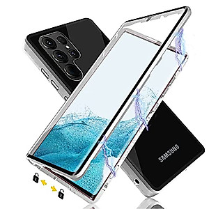 Magnetic Case for Samsung Galaxy S23 Ultra with Safety Lock, Magnetic Tempered Glass Double-Sided Phone Case, Anti-Scratch Support Wireless Charger Clear Magnetic Case for Galaxy S23 Ultra 5G 6.8''