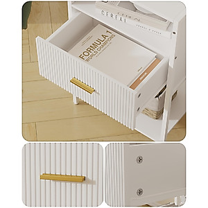 Veegle White Nightstand with Charging Station, Fluted Side Table with Drawer, Modern Bedside Table with Open Shelves for Living Room, Bedroom