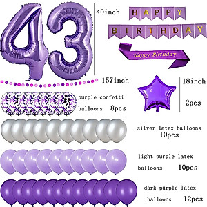 yujiaonly 43rd Birthday Party Decorations Purple Happy Birthday Paper Banner Purple 40inch Number 43 Happy birthday Sash Latex and Confetti Balloons Perfect for 43 Years Old Party