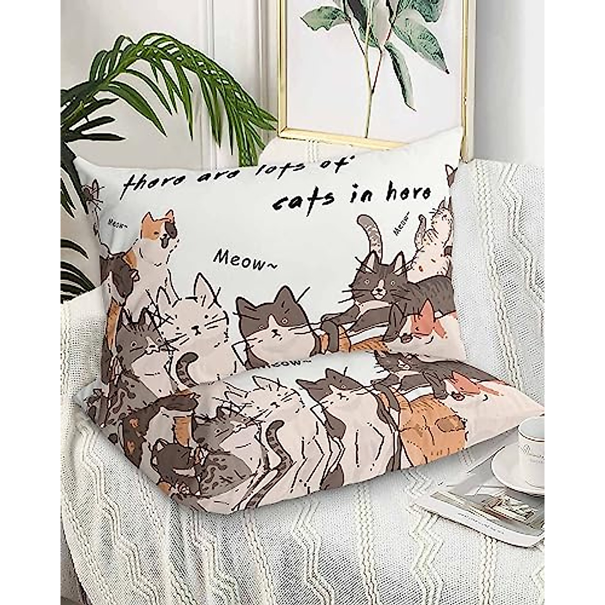 Edwiinsa Funny Cute Cat Pillow Covers King Standard Set of 2 20x36 Bed Pillow, Farmhouse Animals White Plush Soft Comfort for Hair/Skin Cooling Pillowcases with Envelop Closure