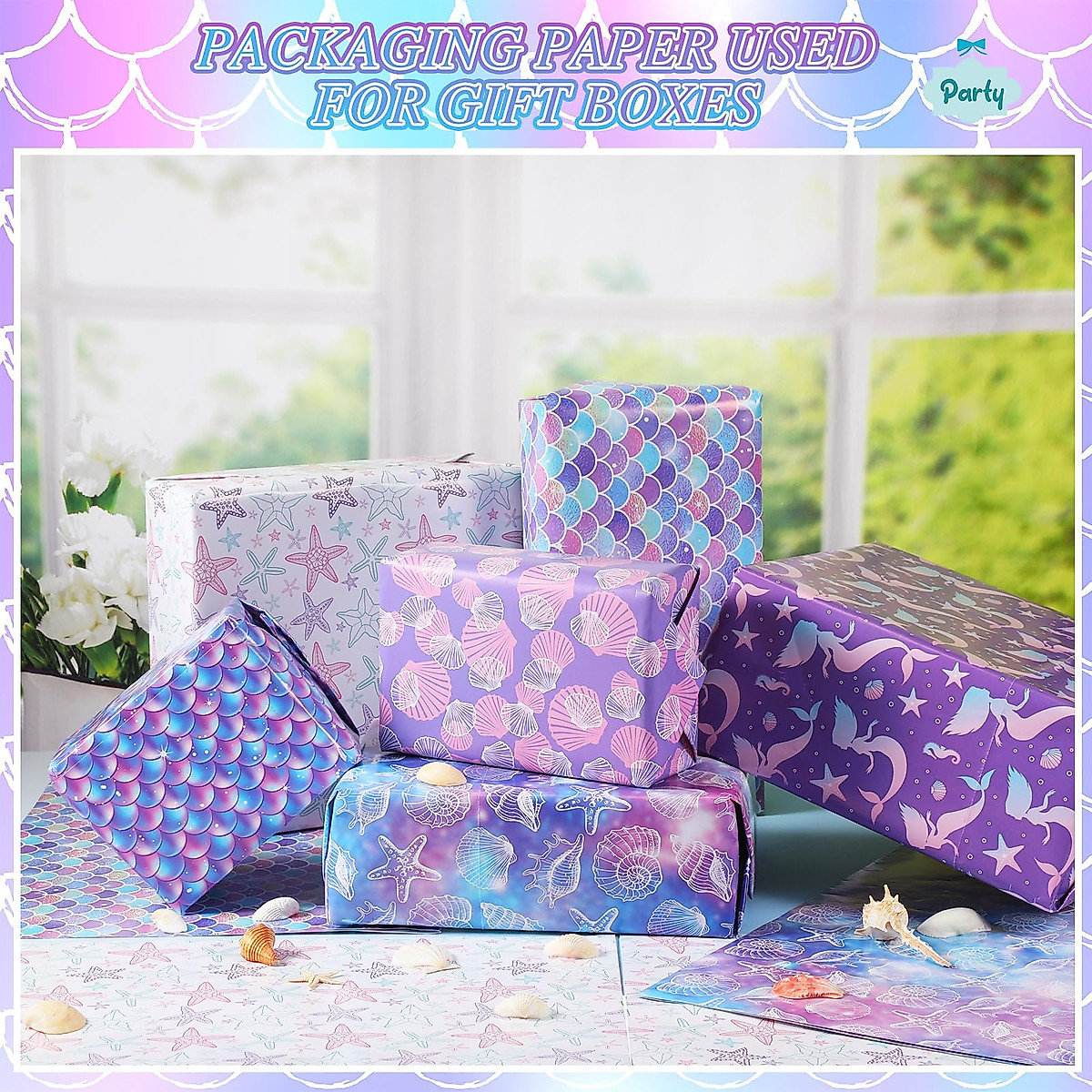 Kolldenn 12 Sheets Mermaid Gift Wrapping Paper Birthday Gift Folded Wrapping Paper 6 Styles 19.7 x 27.6 Inch Kids Mermaid Gift Box Packaging Paper for Girls Birthday Baby Shower Party Supplies