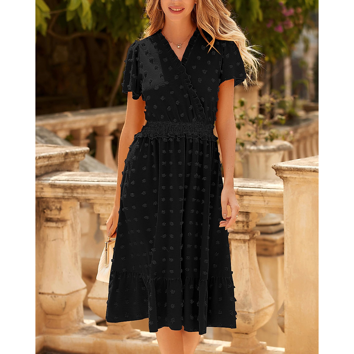 BTFBM Women's Summer Elegant Short Sleeve V Neck Swiss Dot Midi Dresses Cute Boho High Waist Long Dresses A-Line Ruffle Dress（Solid Black,X-Large