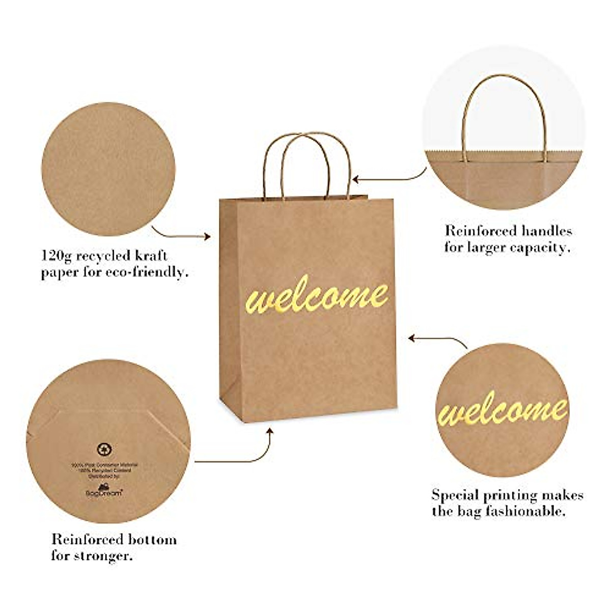 BagDream Brown Kraft Paper Welcome Gift Bags Bulk with Handles 25Pcs 8x4.25x10.5 Inches Shopping Gifts Wedding Bags, Good for Packaging, Retail, Party, Craft, Recycled, Goody and Merchandise Bags