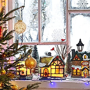 Queekay Christmas Winter Village Houses Set Christmas Miniature Resin Ornament Kits Cedar Bare Branch Tree Street Lamp Room Decor(Retro Style)