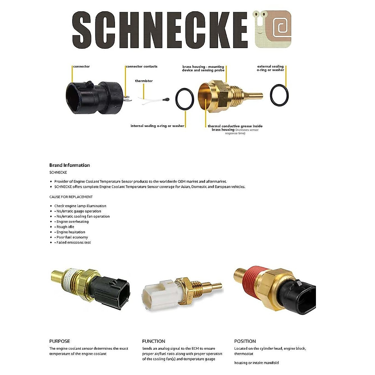 SCHNECKE 33-26320-AA Engine Coolant Temperature Sensor compatible with Ford 15-16 C-Max / 01-07 Courier / 12-16 Edge / 01-17 Escape / 01-15 Explorer / 01-03 Escort / 15-18 F-450 F-550 Super Duty