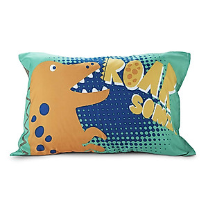 Baby Boom Funhouse Dinosaur Roarsome 4 Piece Toddler Bedding Set – Includes Comforter, Sheet Set– Fitted + Top Sheet + Reversible Pillowcase for Boys Bed, Blue