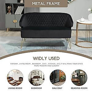 QQU Modern Velvet Loveseat Sofa, Comfy Upholstered Seat Couch with Metal Legs, 2-Seater Accent Sofa Chair, Living Room Sofa with Tufted Backrest, Black