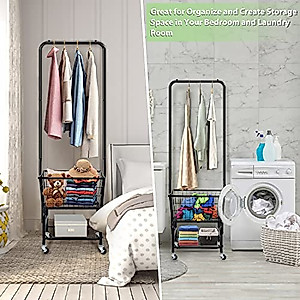 Laundry Cart with Wheels and Hanging Rack Rolling Laundry Basket with Clothes Rack Laundry Butler with Wire Storage Rack Coat Rack for Bedroom Hallway Laundry, Black-3