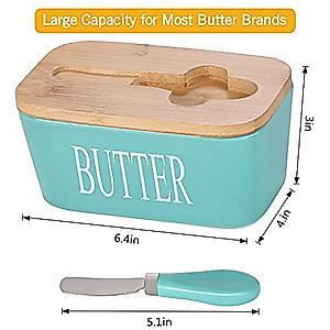 Ceramic Butter Dish with Wooden Lid, Lxmons Large Butter Container Keeper Storage with Stainless Steel Butter Knife Spreader, Bamboo Cover and Silicone Sealing Ring for West East Coast Butter, Green
