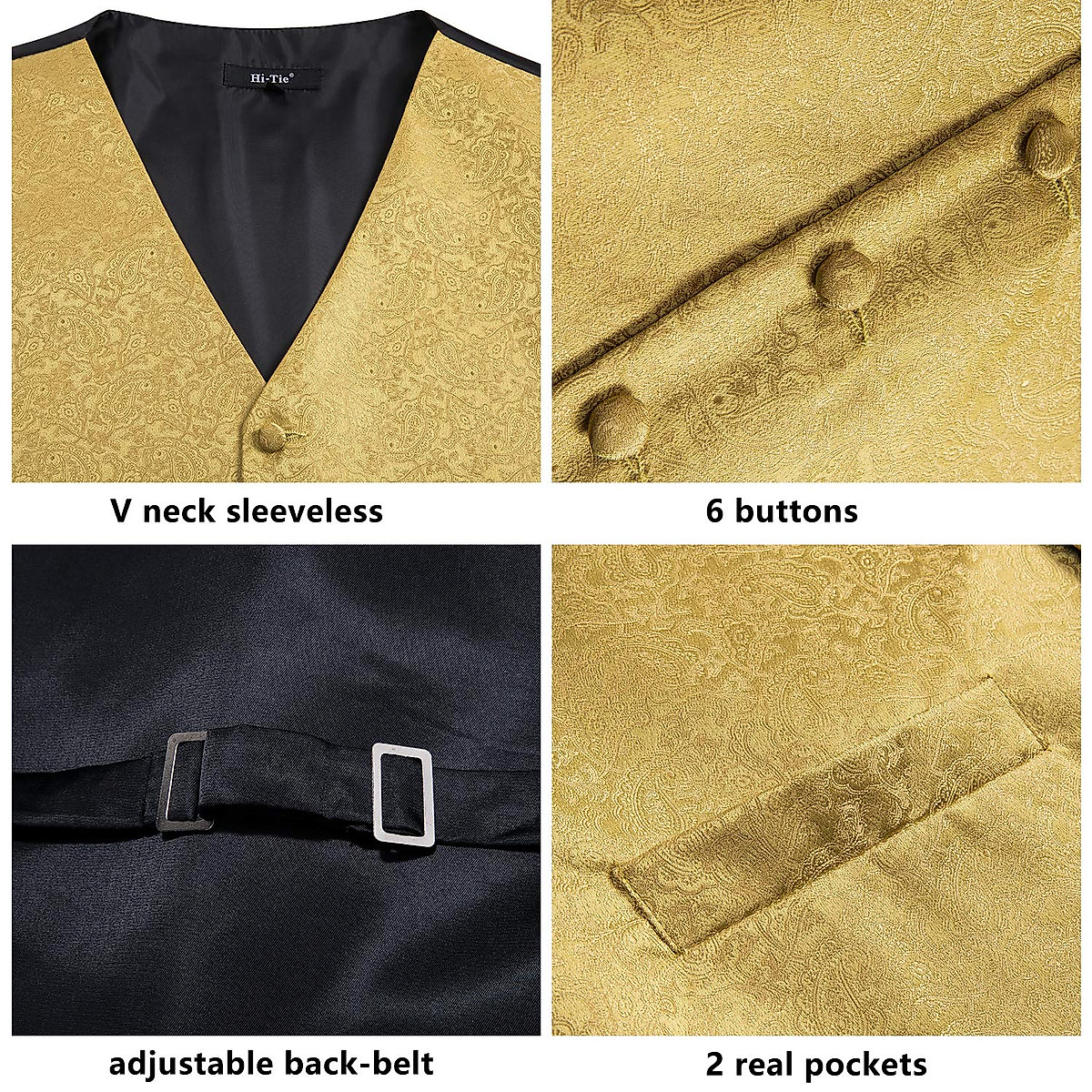 Hi-Tie Men's Gold Paisley Suit Vest and Tie Set Formal 4pc Silk Dress Waistcoat Necktie and Pocket Square Set for Wedding Party or Tuxedo