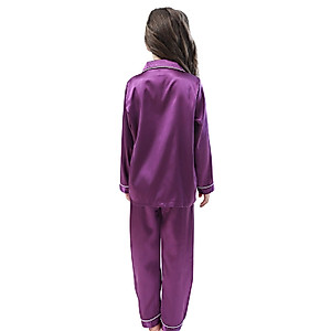 Pajamas Kid Unisex Pjs Set Girls Boys Silk Pajamas Set Satin Long Sleeve 2 Piece Clasic Sleepwear for 2-12 Years Todder Purple