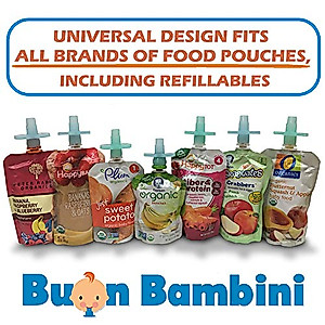 Buon Bambini Soft Sip Baby Food Pouch Toppers, 100% Silicone, Aqua/Blue, 4 Pack, Ideal for Homemade/chunkier Baby Foods