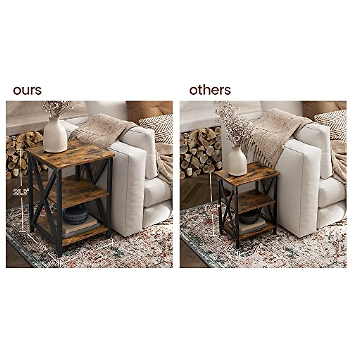 VASAGLE End Table, Side Table with Storage, 15.7 x 15.7 x 23.6 Inch, Nightstand with X-Shaped Steel Frame, Rustic Table for Living Room, Bedroom, Farmhouse 3-Tier, Rustic Brown and Black ULET278B01V1