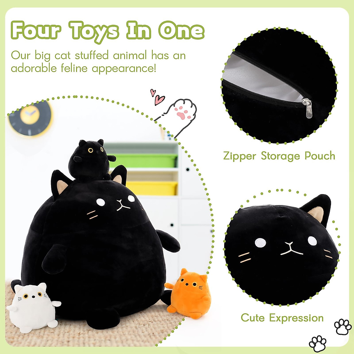 BENINY Cat Plush Toy 4Pcs - 18'' Giant Black Cat Mommy with 3 Cute Baby Kittens - Kawaii Fat Cats Stuffed Animal - Squishy Cat Plushies Pillow Gift for Boys and Girls