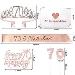70th Birthday Decorations for Woman, 70th Birthday Sash, Tiara Crown, Canvas Makeup Bag, Cake Topper & Candles, 70th Birthday Gifts for Her Birthday Party