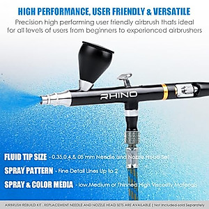 Rhinowisdom Airbrush Kit - Airbrush Gun Set Dual-Action Gravity Feed with 0.35, 0.4 & 0.5mm Needle Sets - Air Brush Set with 2 1/3 oz Replacement Cups for Nails Model Painting Cake Tattoo Makeup