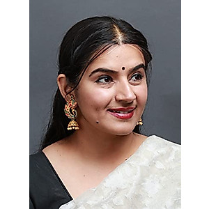 Bindhani Indian Bollywood Style Gold Toned Peacock Meenakari Jhumka Earrings For Women