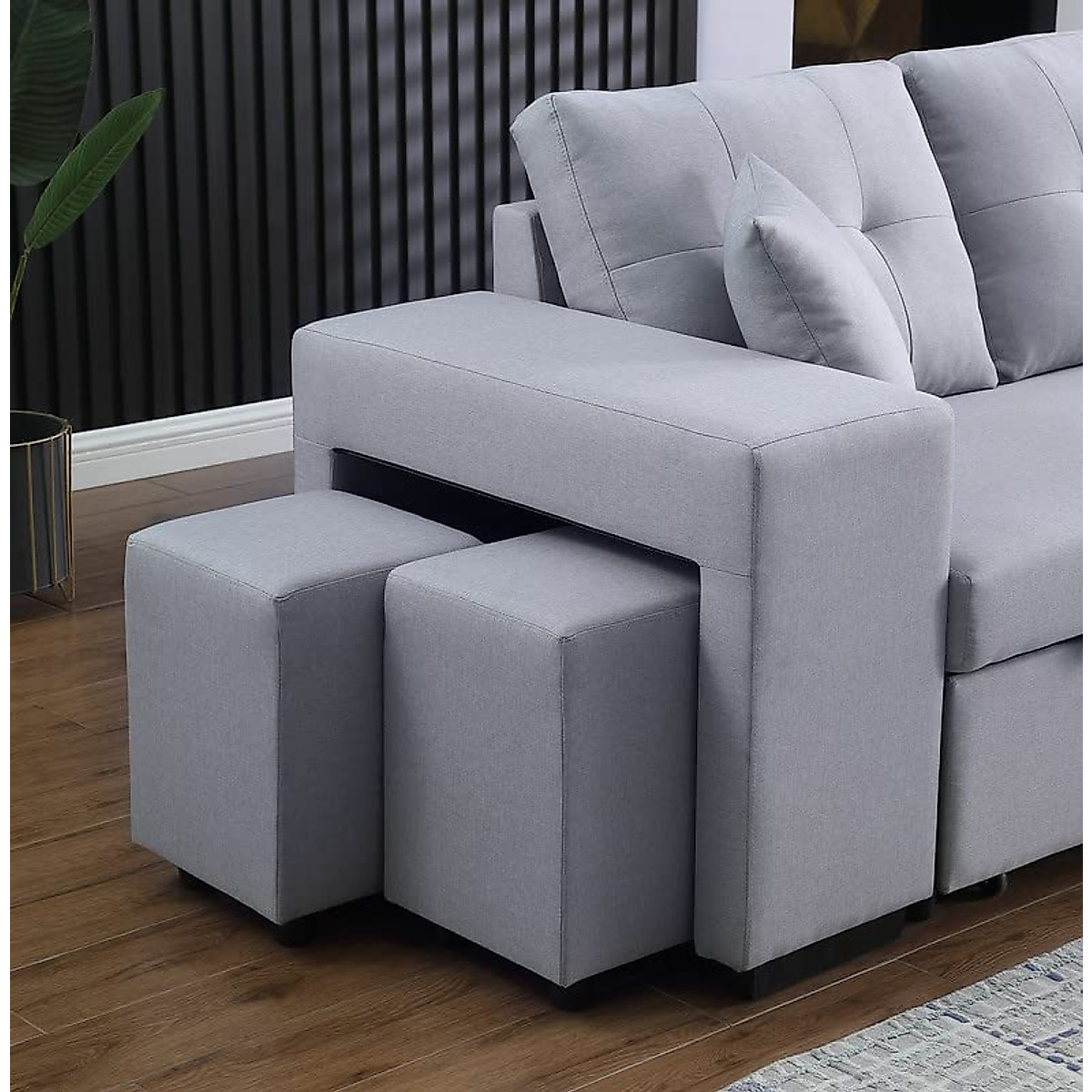 BIADNBZ Convertible Sleeper Sectional Sofa with Reversible Storage Chaise, Modern Linen Fabric L-Shaped Pull Out Couch w/2 Stools,for Living Room Apartment, Light Gray