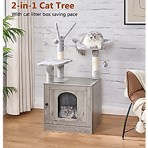 BEWISHOME Cat Litter Box Enclosure All-in-one Cat Tree with Litter Box Furniture Hidden Cat Tower with Plush Perch Scratching Posts Modern MMJ82Q