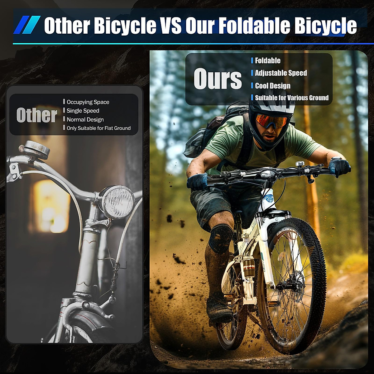 BJTDLLX 26" 21 Speed Mountain Folding Bike, Women Mens Carbon Steel Mountain Bike Full Suspension Double Disc Brakes Foldable Bicycle, 31.5-37.4in Adjustable Saddle Height, Blue & White