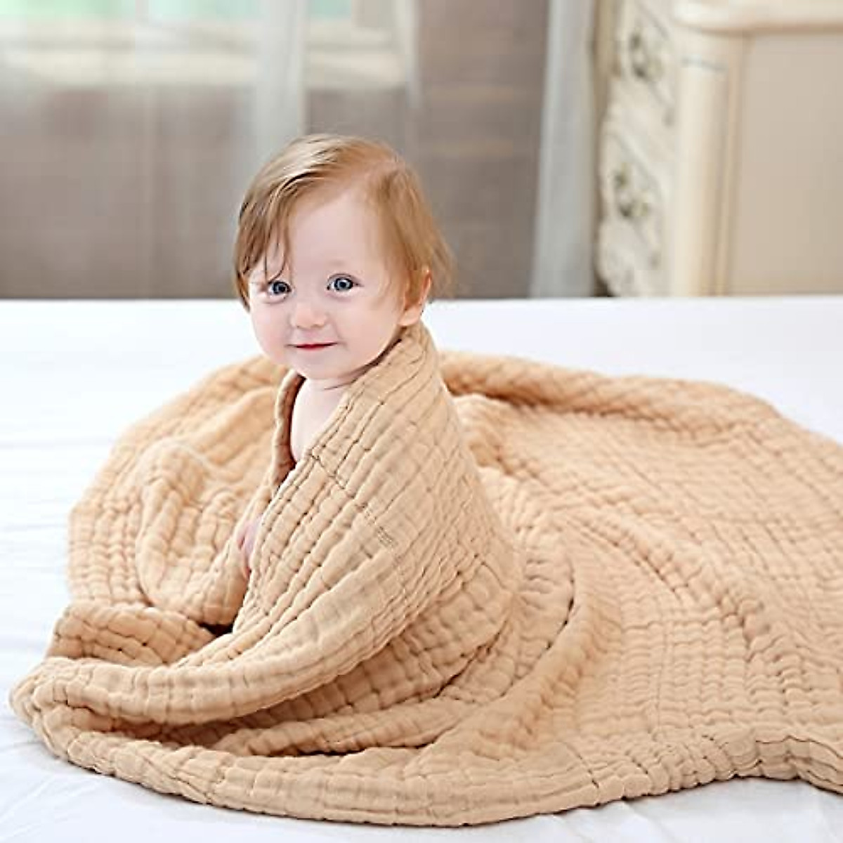 Muslin Bath Towels, Super Soft 100% Cotton Receiving Blanket for Baby's Delicate Skin,2Pack 41.3 X41.3 Inches Swaddle Blanket,Lightweight Soft Breathable Throw Blanket Gauze Blanket, Light Tan11
