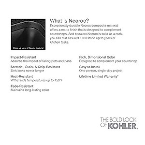 KOHLER K-8223-CM7 Cairn 15-1/2" Undermount Single-Bowl Bar Sink, Neoroc Composite Bar Kitchen Sink with Sink Rack, Matte Graphite