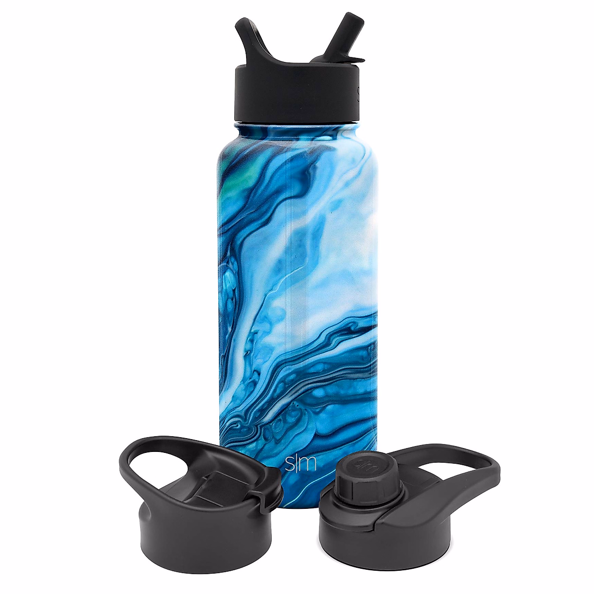 Simple Modern Insulated Water Bottle with 3 Lid Options-Straw, Flip, Chug, Handle Reusable Wide Mouth Stainless Steel Flask Thermos Sport, 4 Piece Set, Pattern: Ocean Geode