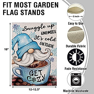 Artofy Snuggle Up Gnomies It's Cold Outside Home Decorative Garden Flag Winter Gnome Plaid House Yard Coffee Bean Cup Snowflake Outside Decor, Christmas Farmhouse Outdoor Small Burlap Decoration 12x18