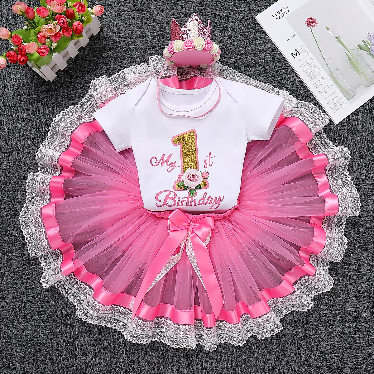 IBTOM CASTLE Baby Girl One Year Old Birthday Floral Lace Party Cake Smash Outfits Short Sleeve Top Princess Romper Bodysuit + Tutu Rainbow Skirt Set+Headband Fancy Dress Hot Pink-1 old,Birthday,
