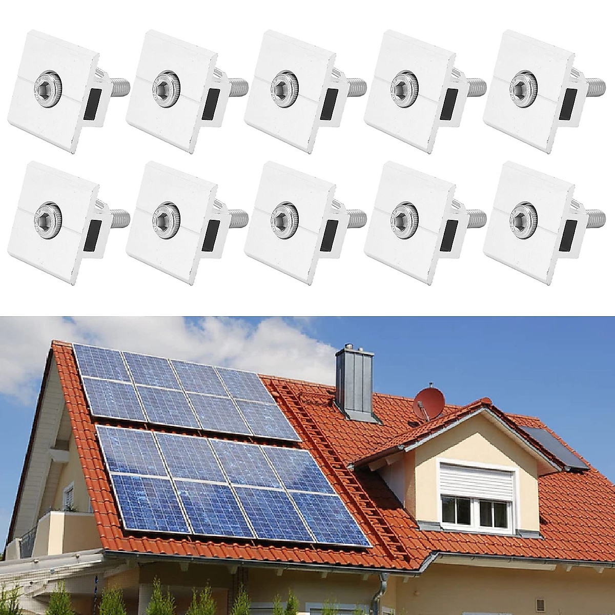 FOLOSAFENAR Solar Panel Mid Clamps, Time Saving High Mechanical Strength 10Pcs Aluminum Solar Bracket Mid Clamp for Roof PV System