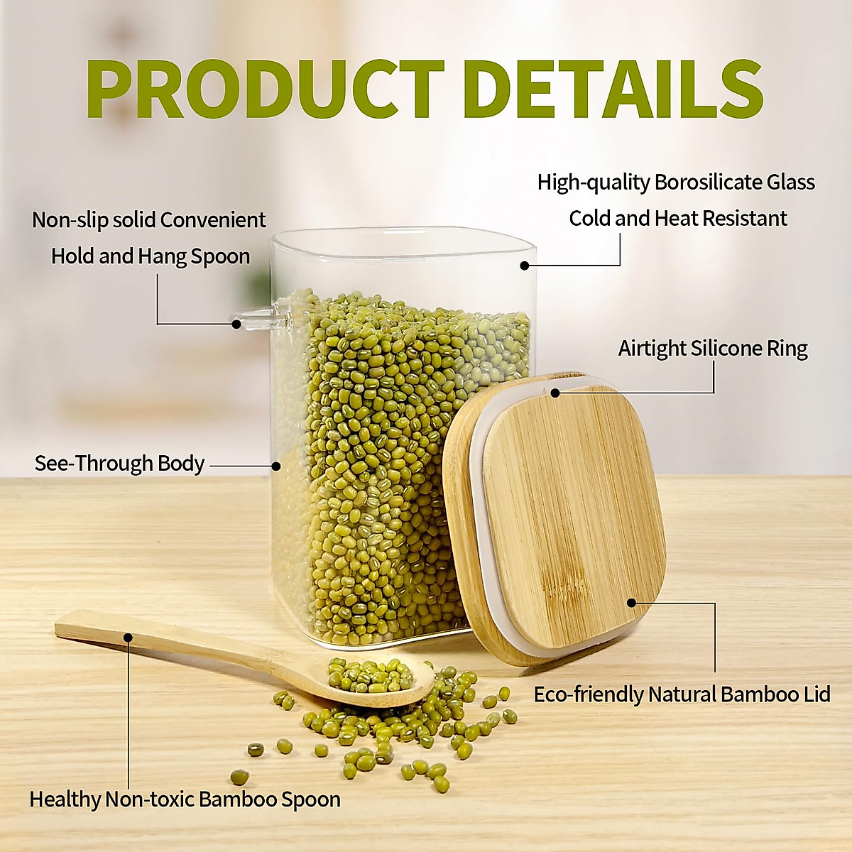 Hiiaos Glass Food Storage Containers Airtight - 40oz Glass Food Storage Jar 4 Pack Kitchen Canisters Clear Container with Sealing Bamboo Lids Spoon for Coffee Bean Cookie Sugar Tea Spices Dry Foods