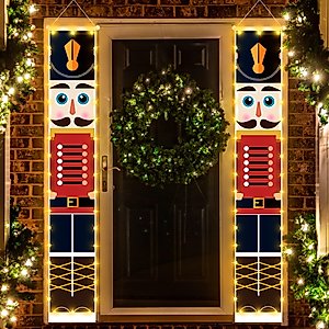 Christmas Decorations Banners with String Lights, Nutcracker Xmas Party Decor, Life Size Soldier Model Nutcracker Banners for Outdoor/Indoor Home Front Door, 600D Fabric Porch Sign