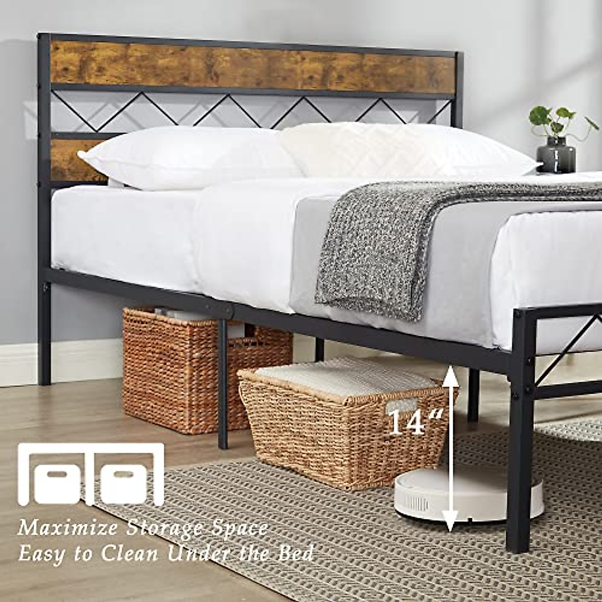 VECELO Queen Size Bed Frame with Wooden Headboard, Heavy Duty 14 Metal Slats Support, No Box Spring Needed, Platform Mattress Base, Under Bed Storage, Noise Free, Easy Assembly