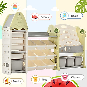 Veemuaro Toy Storage Organizer, Kids Bookcases and Children's Organizer Rack, Box Chest with 17 Bins 4 Tier Bookshelf for Room Classroom (All-in-One, Light Green) (06AAF)