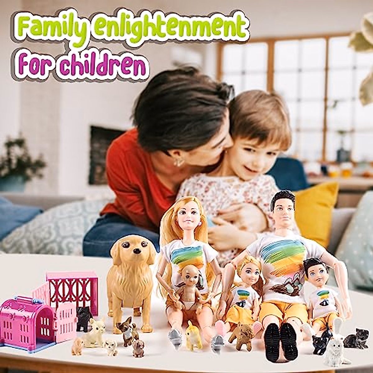 Family Dolls Set of 6 People with Dollhouse Pets Included Pregnant Mom Dad 3 Kids and Baby Boy in Mommy's Tummy, Doll Playsets and Accessories for 3-12 Years Old Toddlers Gift