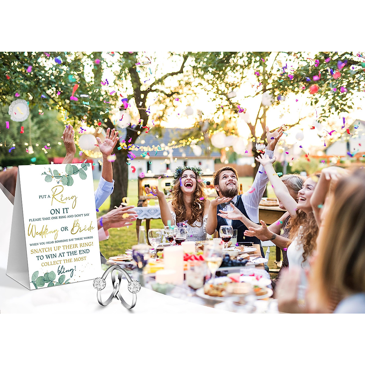 Eucalyptus Bridal Shower Theme Decorations,Put A Ring On It Game,Don't Say Bride Games,Bridal Shower Games,Wedding Shower,Engagement Party Games(1 Sign And 50 Plastic Diamond Rings)-1