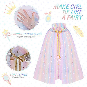 AOOWU Princess Cape for Girls, Colorful Princess Cloak with Crown, Princess Fancy Dress Up Sparkling Sequins Tulle Princess Cape Set for Birthday Party Cosplay (Rainbow, M)