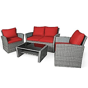 LIRUXUN 4PCS Patio Rattan Furniture Set Sofa Table W/Storage Shelf Turquoise/Red/Gray Loveseat Coffee Table (Color : E)