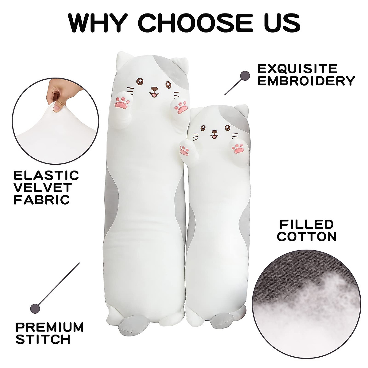 Dalmao 35.4" Cat Stuffed Animal, Soft Long Pillow Doll Cute Cartoon Kitten Plush Hugging Pillow Plushies Toy Gift for Kids, Girls, Halloween, Christmas, Thanksgiving, Birthdays