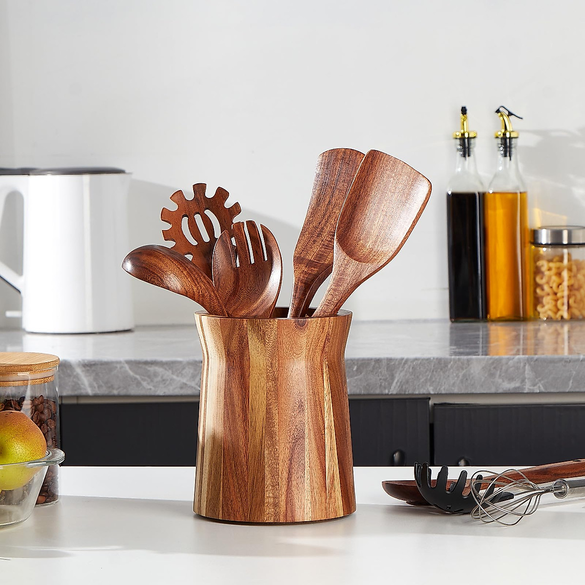 LOHONER Wooden Utensil Holder for Countertop, 360° Rotating Kitchen Utensil Holder, 7.2"x 6" Large Acacia Cooking Utensil Holder for Kitchen Counter, Farmhouse Kitchen Decor