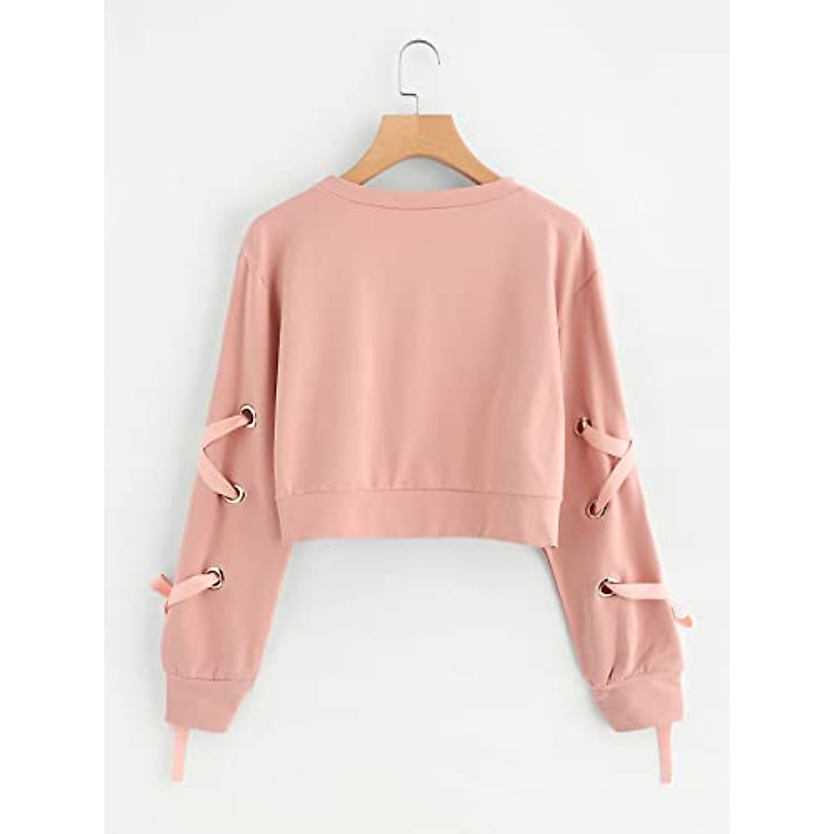 SweatyRocks Women's Casual Lace up Long Sleeve Pullover Crop Top Sweatshirt Solid Pink Small