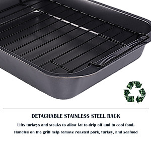 kitCom Bakeware Nonstick Roaster, Nonstick Roasting Pan with Rack, Great For Roast Chicken, Roasts And Turkeys - 15 Inch x 11 Inch (5.8 QT), Gray