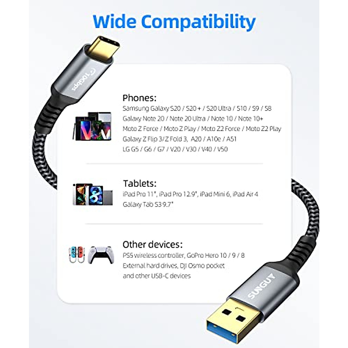 SUNGUY USB C Android Auto Cable 1FT, USB C to USB 3.1 USB 3.2 Gen2 10Gbps USB A to C Data Fast Charging Cable Compatible with Samsung Galaxy S21 S20 S10 S10E Note 20, USB C External C SSD, Pixel