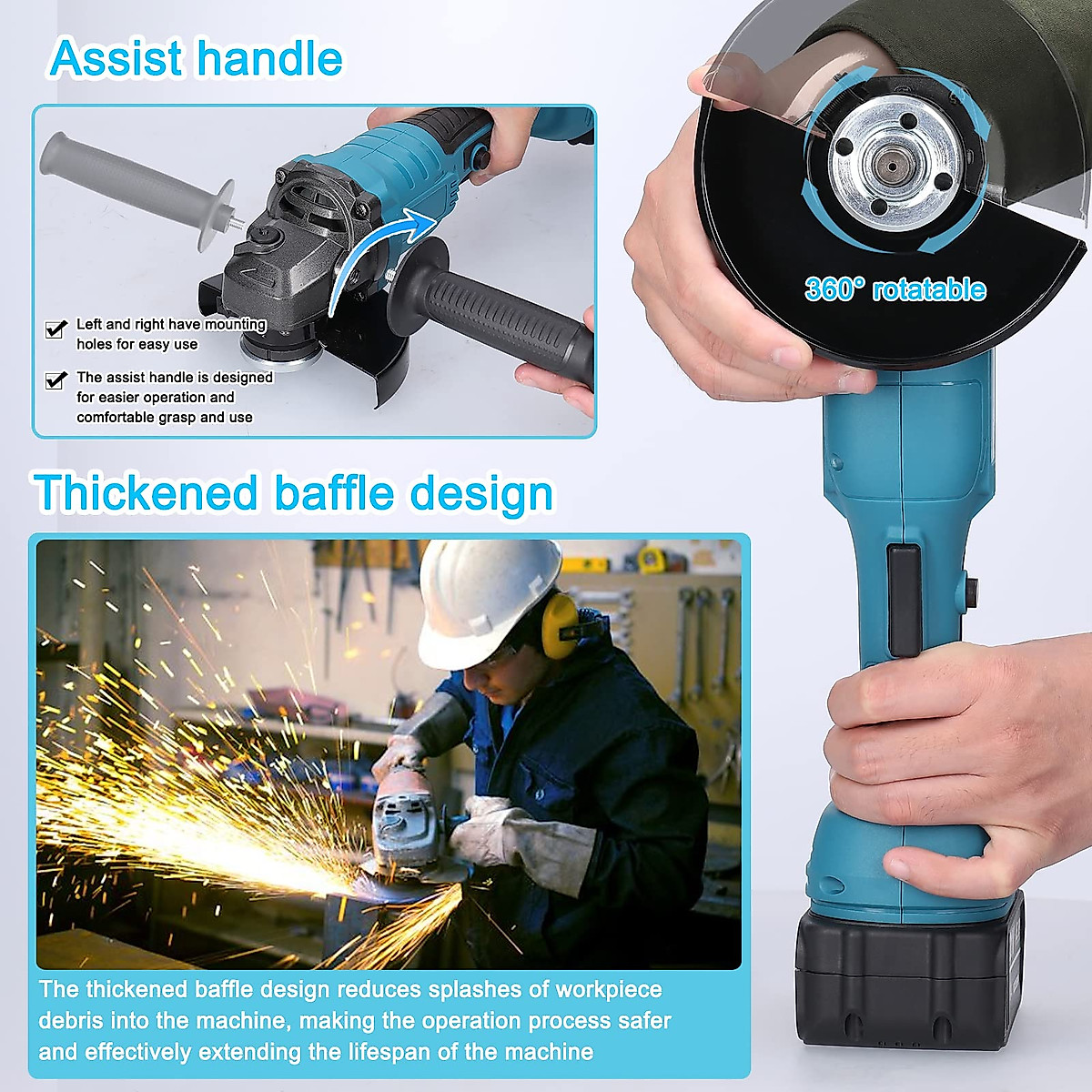 Cordless Angle Grinder, Weytoll 21V Brushless Cordless Grinder, Electric Grinding Wheels, Lithium Cutter Utility Power Tool 125mm M14 Angle Grinder With wrench, Assist Grip Handle and Baffle