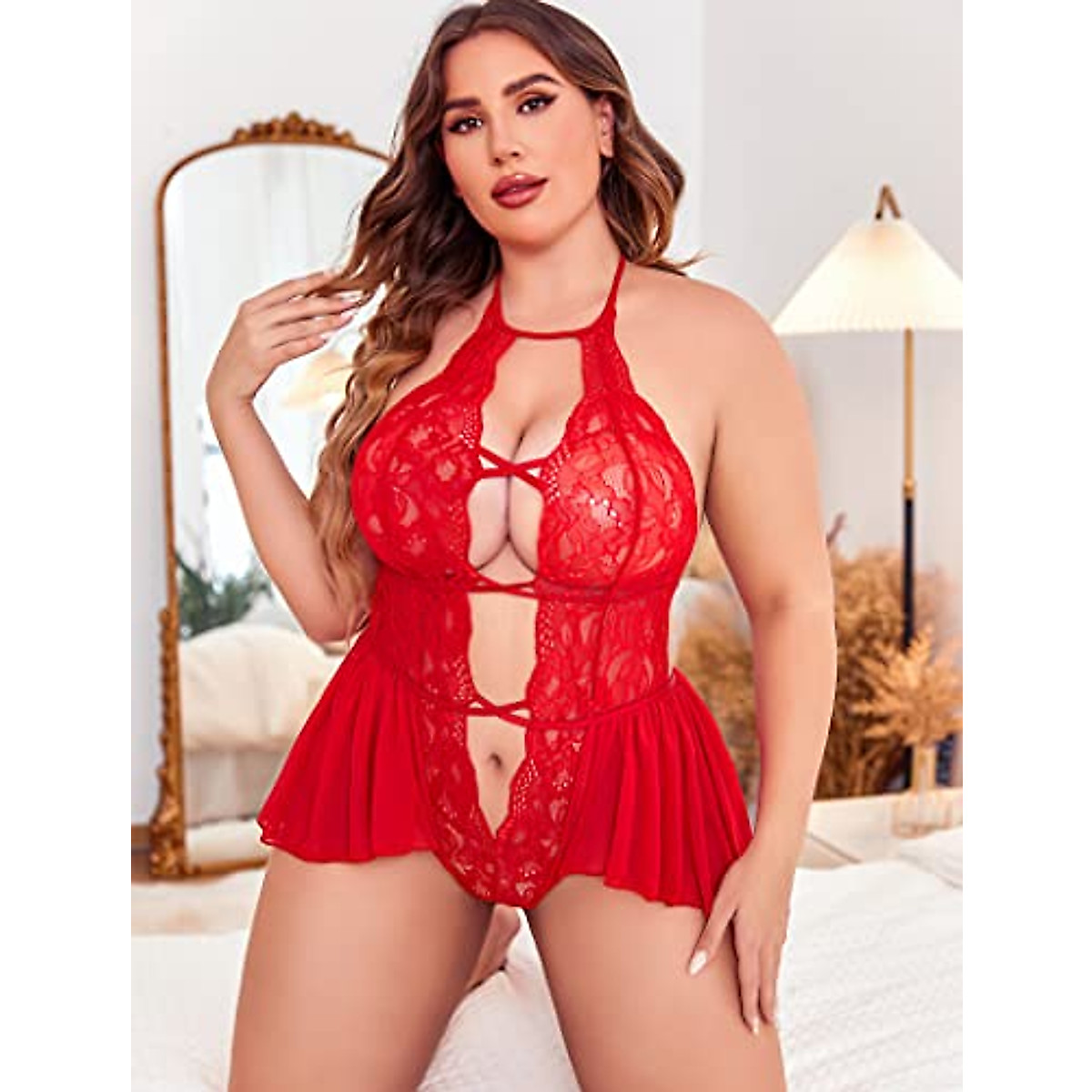 Avidlove Plus Size Teddy Lingerie for Women Sexy Lace Babydoll Halter V Neck Nightwear Carmine Red