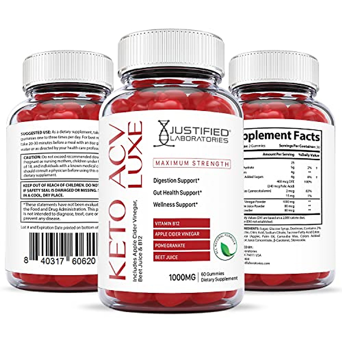 Justified Laboratories Luxe Keto ACV Gummies 1000MG with Pomegranate Juice Beet Root B12 60 Gummys (300 Count)