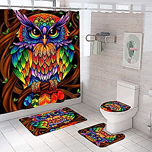 Posienr Colorful Owl Shower Curtain Sets Bath Mat 4 Pcs Decor Bathroom Cute Cartoon Animals Contour Mat Toilet Lid Cover U Shaped Non-Slip Rug Fabric Waterproof Polyester with 12 Hooks