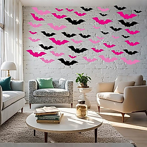 Pargleev Bat Wall Stickers: Halloween Party Decorations Indoor & Outdoor - 48 pcs Reusable PVC 3D Black Pink Bats for Halloween, Eve Party, Ghost Festival Decor
