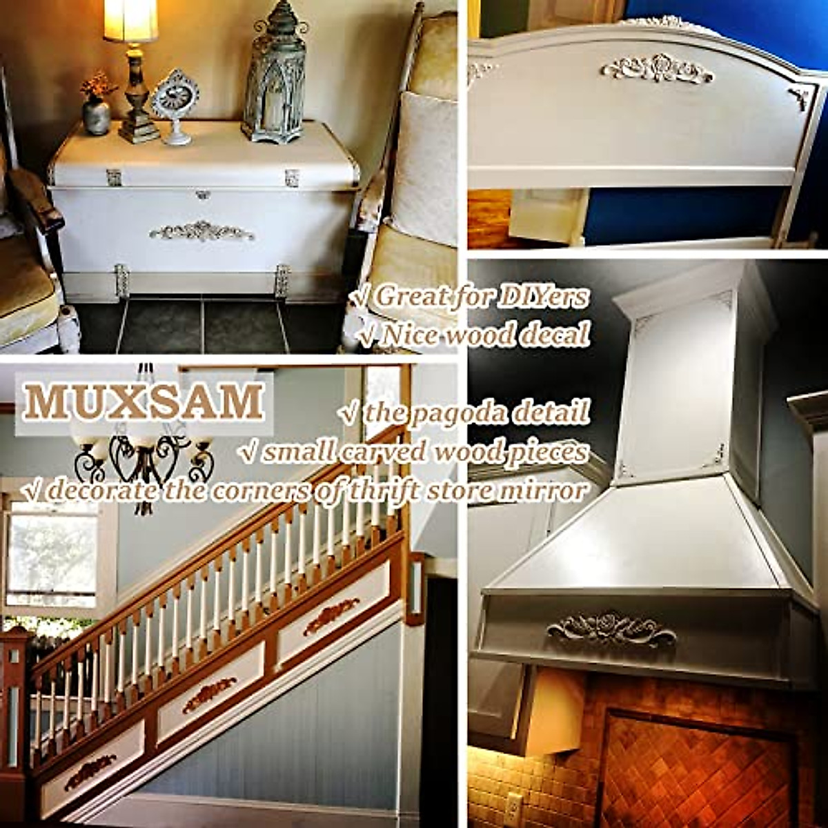 MUXSAM Wood Rose Appliques Onlays Set, 5-Pack Unpainted Decorative Carved Decals for Bed Door Cabinet Wardrobe Mantel Ceiling Wall Headboard Upgrade Decor Craft DIY Projects, 15x15cm+38x8cm