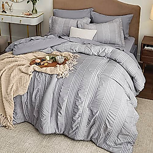 Bedsure Full/Queen Comforter Sets, 7 Pieces Bed in a Bag - Stripes Seersucker Bedding Set with Comforter, Flat Sheet, Fitted Sheet, Pillow Shams, Pillowcases